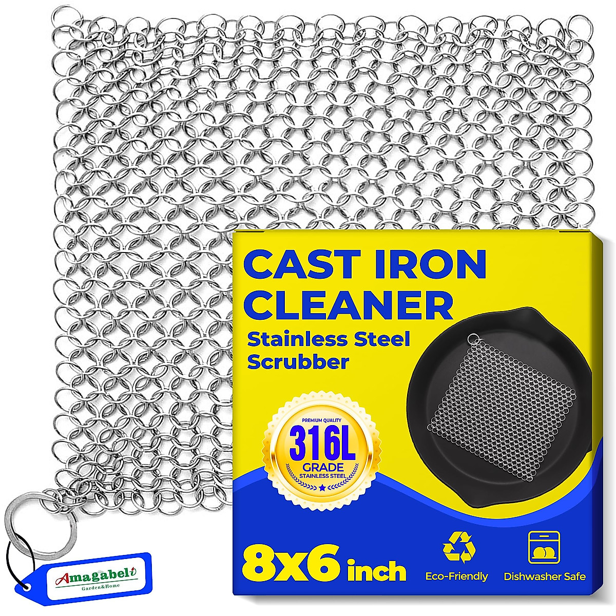 Amagabeli Cast Iron Cleaner 8"x6" Rectangle Metal Scrubber with Hanging Ring 316 Premium Stainless Steel Chainmail Scrubber for Cast Iron Pans CS03