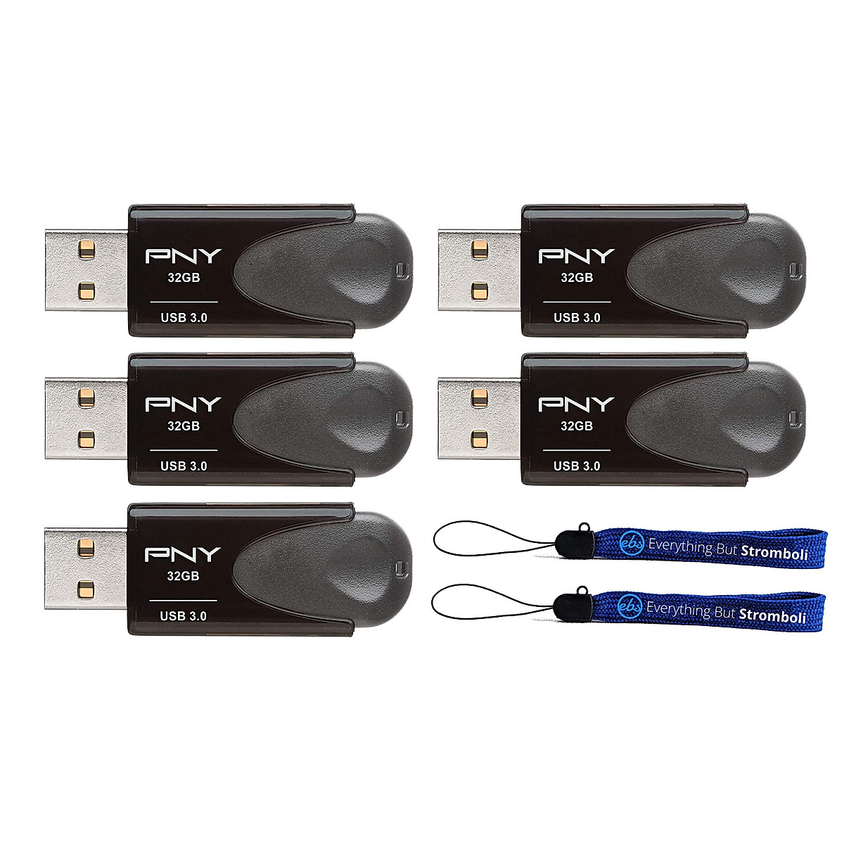 Generic PNY 32GB USB 3.0 Flash Drive Turbo Attaché 4 (Bulk 5 Pack) Works with Computer (P-FD32GTBAT4-GE) Bundle with (2) Everything But Stromboli Lanyards