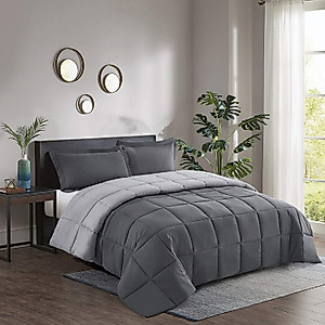 HIG 3pc Grey Queen Size Comforter Set - All Season Reversible Down Alternative Comforter with Two Shams - Quilted Duvet Insert with Corner Tabs - Box Stitched Blanket - Breathable, Soft