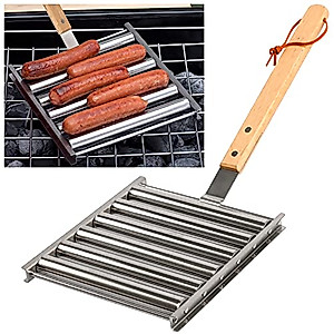 KAYCROWN Hot Dog Roller Stainless Steel Sausage Roller Rack with Extra Long Wood Handle, BBQ Hot Dog Griller for Evenly Cooked Hot Dog, 5 Hot Dog Capacity