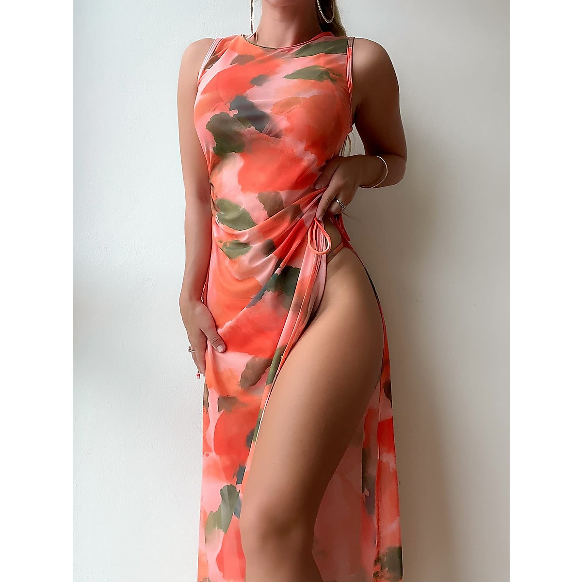 Verdusa Women's Swimsuit Mesh Cover Up High Split Drawstring Bikini Long Dress Multicolored S