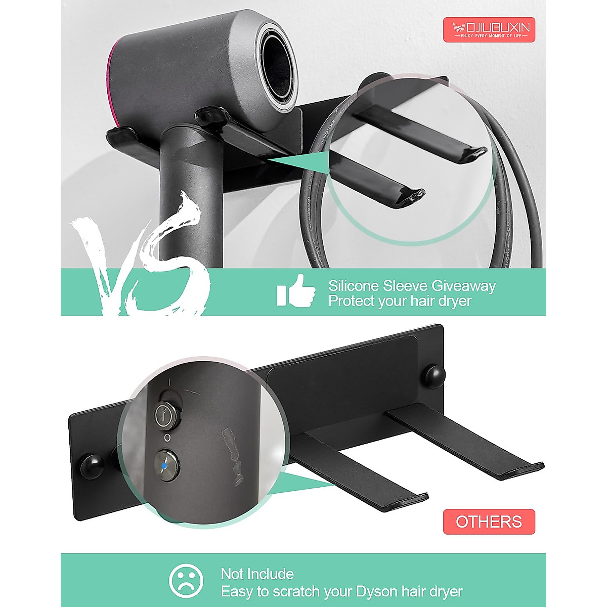 WOJIUBUXIN Hair Dryer Holder Wall Mount Matte Black Hair Dryer Holder for Bathroom Cabinet SUS 304 Stainless Steel Blow Dryer Holder Compatible with Dyson Hair Dryers