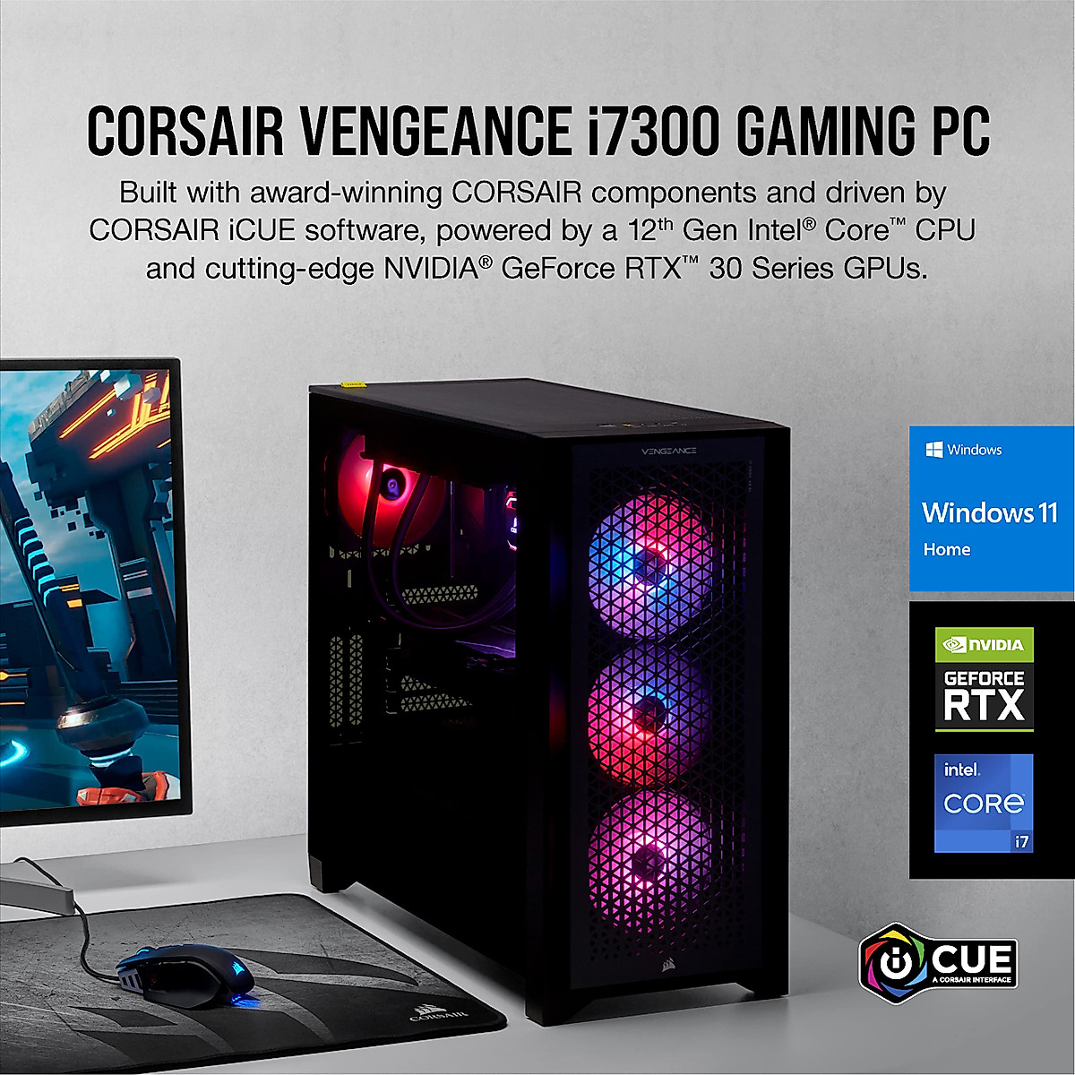 Corsair Vengeance i7300 Series Gaming PC (Liquid Cooled Intel® Core™ i7 12700K CPU, NVIDIA® GeForce RTX™ 3070 Graphics, 16GB Vengeance RGB PRO DDR4 Memory, 1TB M.2 NVMe SSD) Black