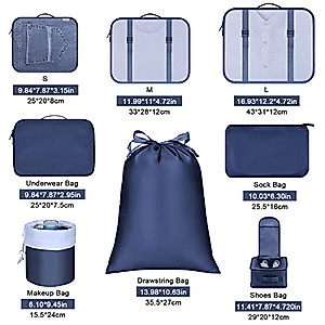 Packing cubes for essential travel - Set of 8 pcs of compression organizer for carry on suitcase, luggage mesh bags for accessories and clothing, laundry bag included (NAVY BLUE)