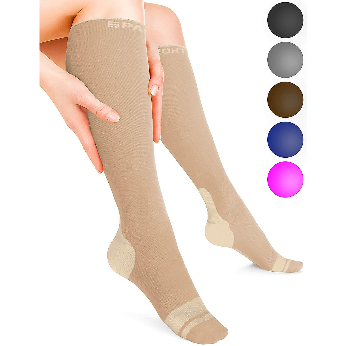 Sparthos Compression Socks (20-30mmHg) - Knee High Sock for Sport, Running, Travel, Medical Support, Pregnancy, Nursing - Calf Long Athletic Compressions Gear Sleeve - for Men and Women (Beige-SM)