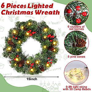 Karenhi 6 Pcs Pre Lit Artificial Christmas Wreath 15 Inch Christmas Wreaths for Front Door with Warm White LEDs Lights Battery Operated Spruce Lighted Wreath for Holiday Party Outdoor Decorations