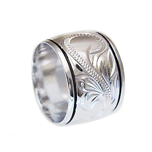 925 sterling silver Hawaiian plumeria scroll black enamel border 15mm ring size 13