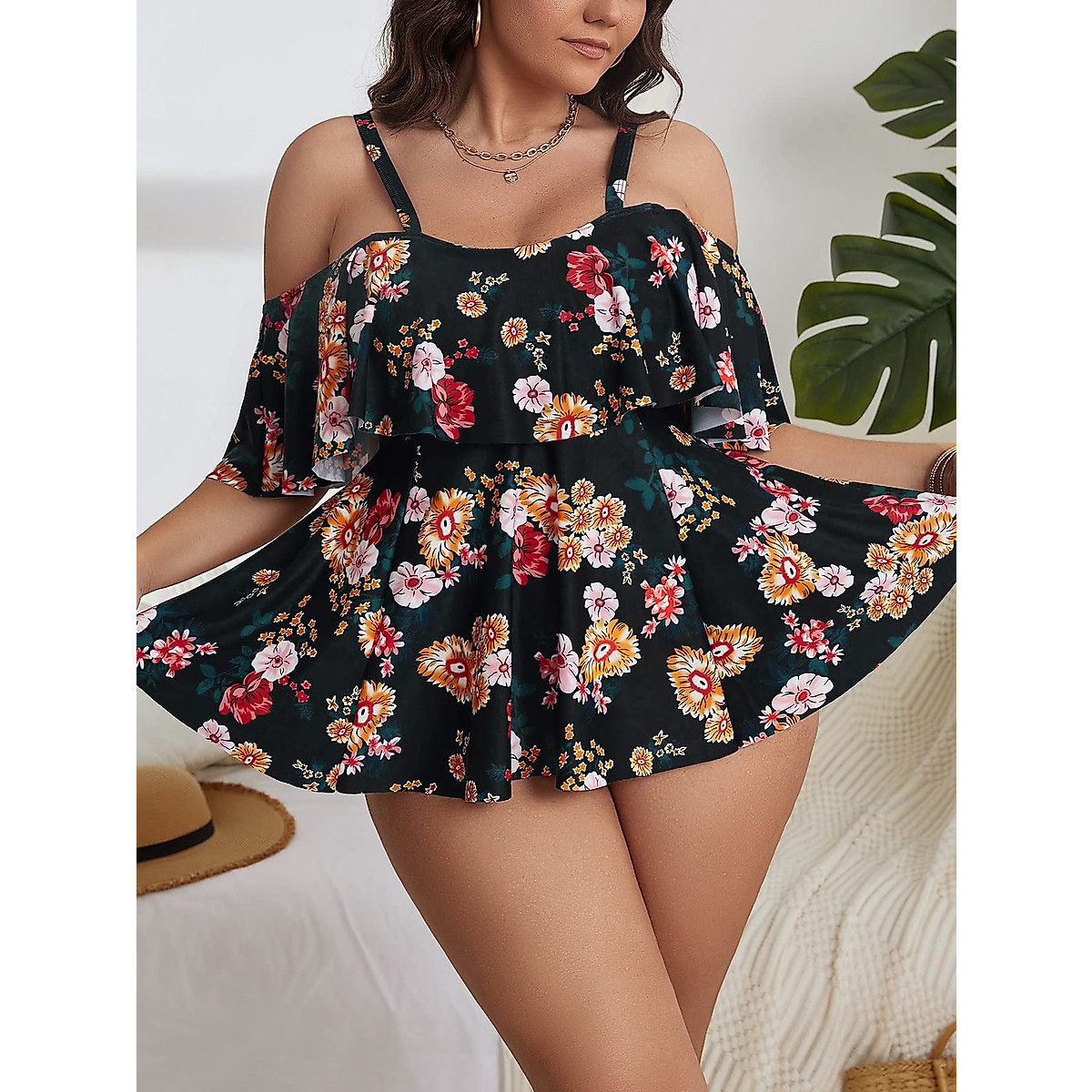 SOLY HUX Plus Size 2 Piece Tankini Floral Print Swimsuit Ruffle Trim Bikini Set Tummy Control Bottom Bathing Suit