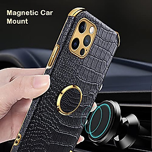 aowner Compatible with iPhone 12 Pro Max Ring Holder Case Luxury Crocodile Cover Gold Edge 360 Degree Rotation Stand for Women Girls Slim Leather Snake Lizard Skin Protective Cover case, 6.7 Inch