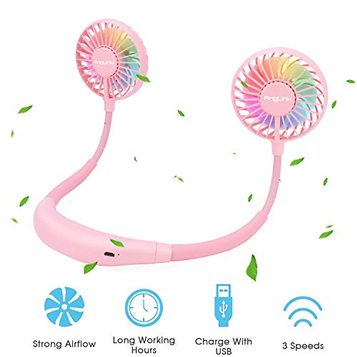 AngLink Portable Neck Fan with Colorful Led Light 360° Rotation - Quiet Hand Free USB Rechargeable Battery Operated Small Personal Fans for Kids Travel Camping Outdoor Office | Pink
