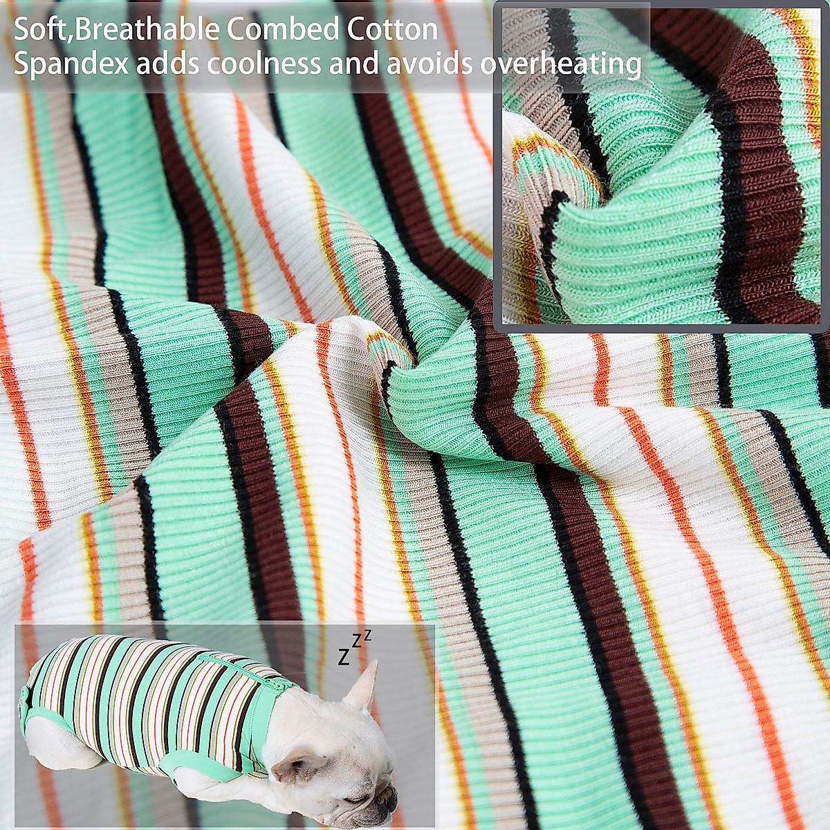 Wabdhaly Dog Surgery Recovery Suit,Surgical Recovery Suit for Small Female Dgos Spay,Zipper Closure,Combed Cotton Breathable Onesie,Multi Green Striped XS
