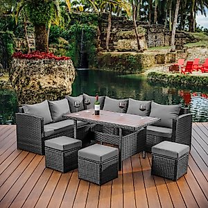 Nestl Outdoor Dining Set - 7 Piece Wicker Patio Set with Outdoor Dining Table, Outdoor Sectional Sofa and 3 Ottomans, Outdoor Patio Furniture, Patio Sectional, Patio Table and Chairs Set (Grey/Grey)