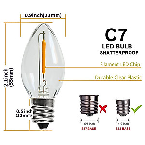 KGC C7 Christmas Replacement LED Light Bulbs - 0.6W Equivalent to 7W, Warm White 2200K, Waterproof Clear Plastic Night Light Bulbs, C7 E12 Candelabra Base for Christmas String Light (25 Pack)