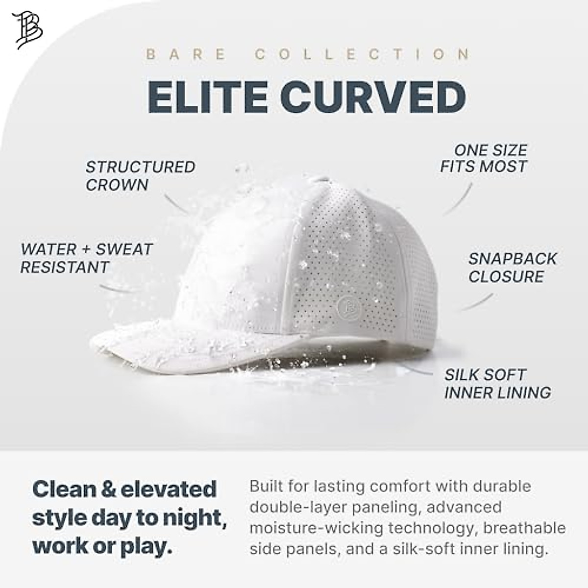 Branded Bills Bare Elite Curved Hat, White, Fits 7-7.5, with Curved Bill, Double Layer Performance Paneling, Adjustable Snapback, Silk-Soft Front Lining, Quad-Foam Band, Water-Repellent Shell
