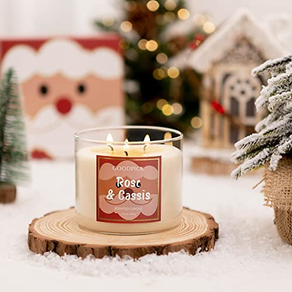 Goodpick Rose Scented Candles, Christmas Santa Candle Gift, Big Candles for Home Scented, Large Soy Candle for Living Room, 3 Wick Candles, 45 Hour Burn Time, 14.5 Oz, Includes Lid