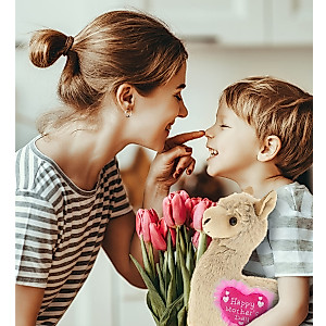 DolliBu Happy Mother's Day Super Soft Plush Beige Llama Figure - Cute Stuffed Animal with Pink Heart Message for Best Mommy, Grandma, Wife, Daughter - 11 Inch