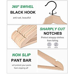 Amber Home Natural Stylish Thin Solid Wooden Suit Hangers 24 Pack, Non-Lacquer Slim Wood Coat Jacket Hanger with Pants Bar, Extra Space Saving Clothes Hanger for Dress, Pant, Shirt (Natural, 24)