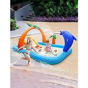Inflatable Play Center, Kiddie Pool for Kids, Toddler Pool Seaside Water Lounge with Slide, Coconut Palm Sprinkler, Ball Toss Game, Ring Toss Game for Kids Children Ages 3+, 95'' x 75'' x 40''