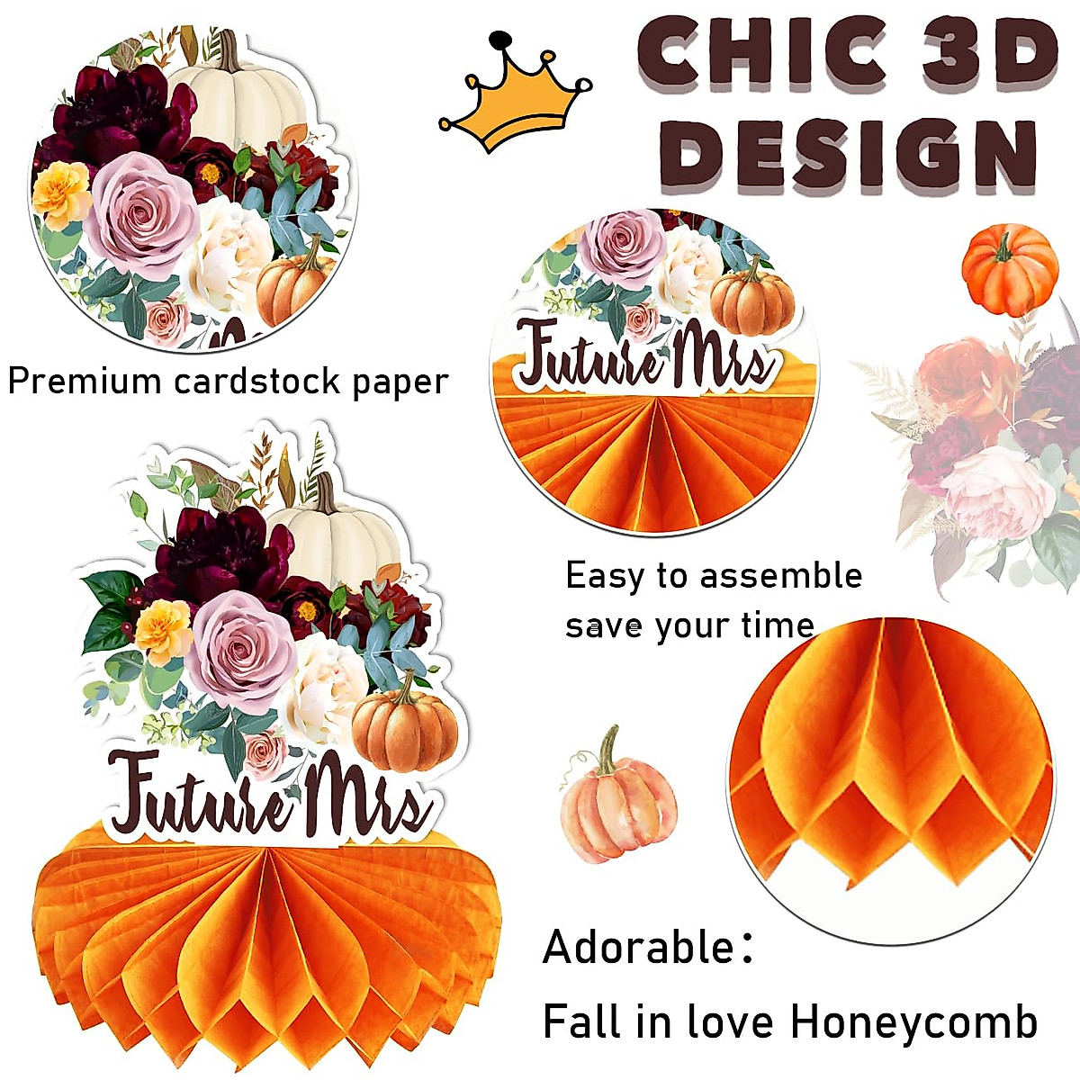 9 Pcs Fall Wedding Honeycomb Centerpieces Bachelorette Party Decorations Bride to Be Floral Little Pumpkin Table Topper Center Piece Fall Theme Miss to Mrs Bridal Shower Engagement Party Supplies