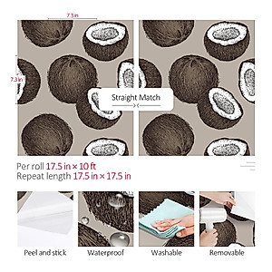 ReWallpaper Light Tan Peel and Stick Wallpaper Removable Brown Vinyl Wallpaper Stick and Peel Waterproof Contact Paper for Cabinets Bathroom Bedroom Tropical Coconut Fruit Wall Paper Roll 17.5in×10ft