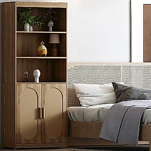 RUNOLIG Rattan Bookshelf Cabinet, Farmhouse Bookcases with 2 Rattan Doors and 3 Open Storage Shelves, Rattan Bookcase with Anti-Tip Kit and 4 Anti-Slip Foot Pads, Tall Bookshelf for Home