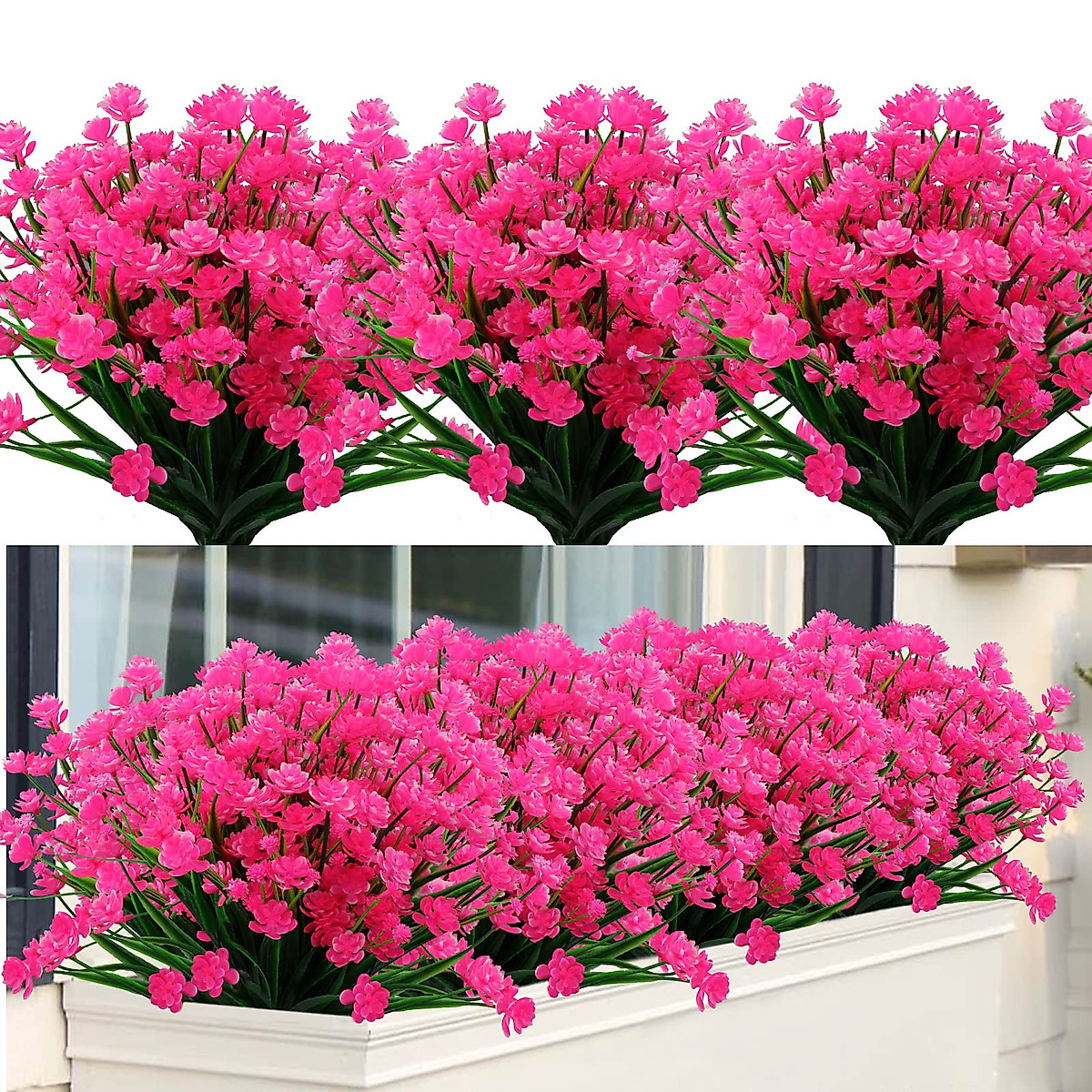 GREENRAIN 6 Bundles Artificial Flowers Lotus Outdoor Fake Flowers for Decoration UV Resistant No Fade Faux Plastic Plants Garden Porch Window Box Décor (Pink)