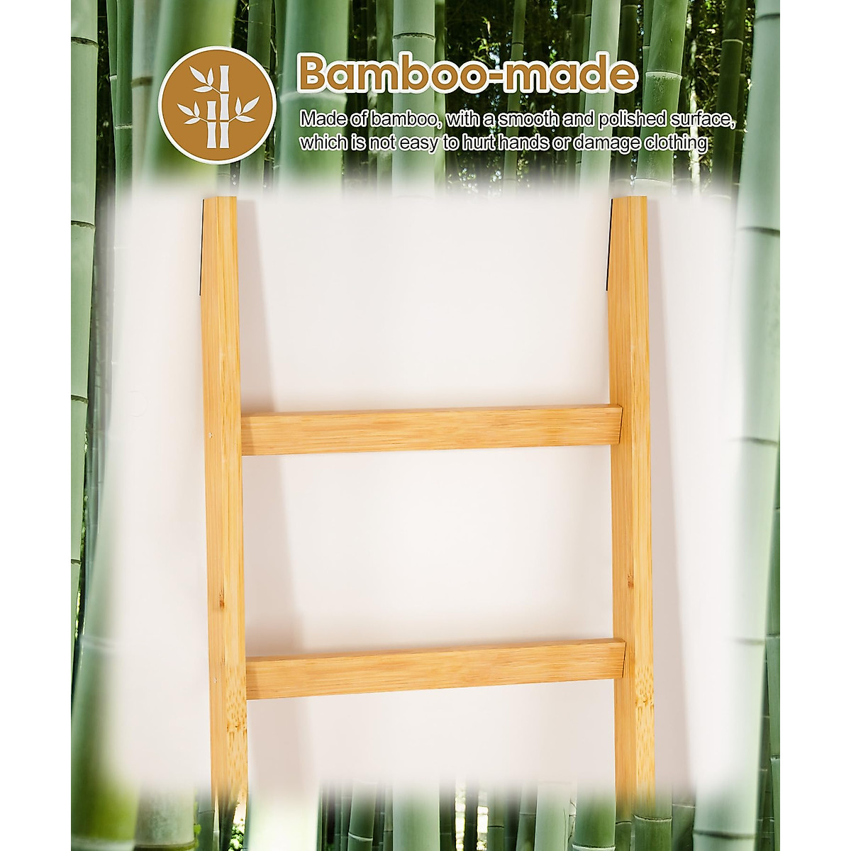 Cozivolife Blanket Ladder 6-Tier,Bamboo Towel Rack with 2 Anti-Tip Straps and 4 Hooks,Ladder Shelf Easy Assembly,Wall-Leaning Blanket Rack,Rustic Decorative Farmhouse Storage (Natural)