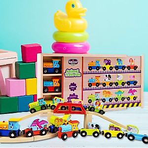 Wooden Trains Set (21 PCS) with 3 Dinosaurs 3 Farm 3 Zoo Animals with Box and Cover - Train Toys Magnetic Set Toy Train Sets for Kids Toddler Gift Toy for 2 Year Old Boys and Girls and up