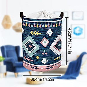 Clastyle 45L Waterproof Blue Geometric Boho Tassel Laundry Baskets Collapsible Storage Laundry Hamper with Drawstring for Clothes, 14.2 * 17.7 in