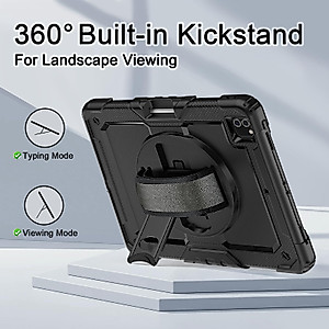 iPad Pro 12.9 inch Case 2022-2018 with 9H Tempered Glass Screen Protector, Ambison iPad pro 12.9 6th/5th/4th/3rd Generation Case Full Body Protective & 360° Rotatable Kickstand & Hand Strap(Black)
