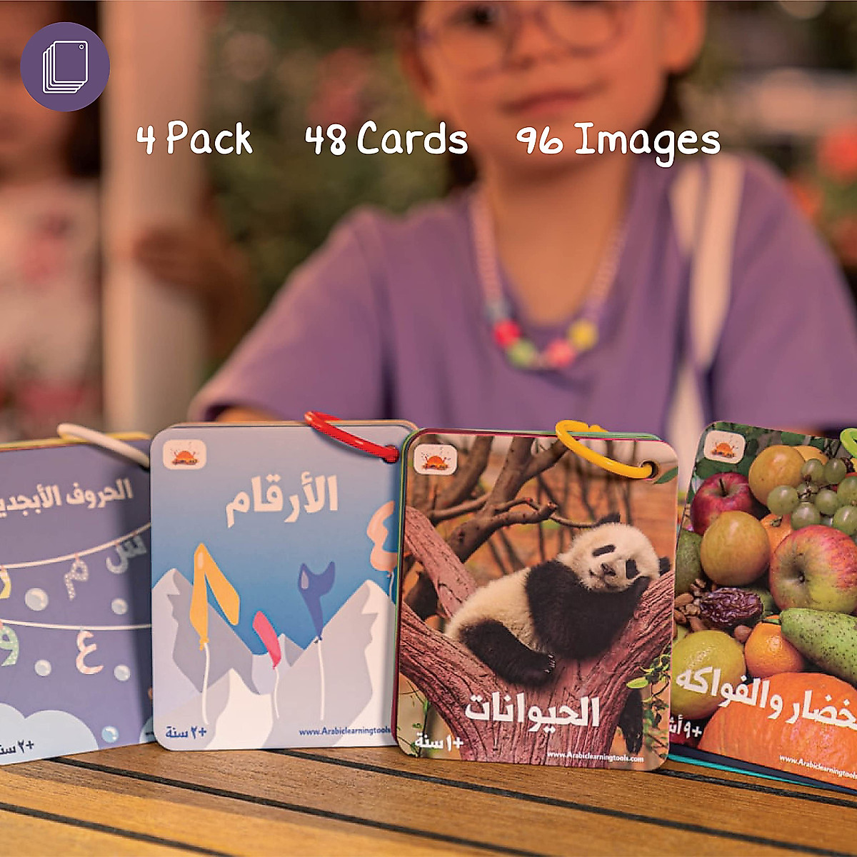 Zedne Arabic Alphabet Flash Cards - 48 Pcs Double-Sided Flashcards (96 Images) with Rings Educational Learning Toys for kids Birthday Preschool Gifts (Alphabet, Numbers, Animals, Fruit)