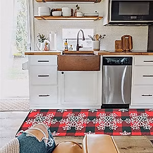 Kitchen Mats fo Floor, Merry Christmas Snowflake Red Black Buffalo Check Plaid Backed Rubber Dots Rugs,Non Slip,Absorbant Runner Rugs for Hallway Entryway,Kitchen,Laundry 1 pcs 23.6x70.9 Inch