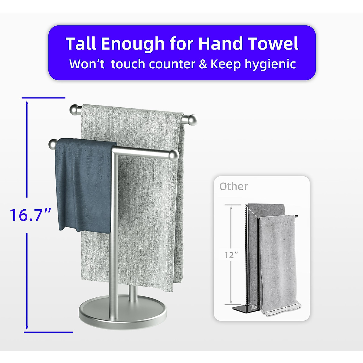 Qflushor 2-Tier Hand Towel Holder Stand with Weighted Base, 16.7" Countertop Towel Holder for Bathroom, Standing Towel Rack Stainless Steel, Double Fingertip Towel Holders, Silver