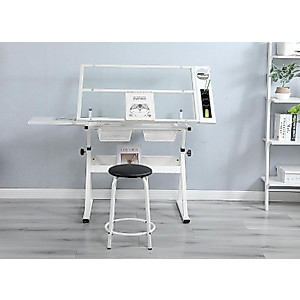 Seed Spring Adjustable Tempered Glass Drafting Printing Table, Modern Design Drafting Table Desk with Chair, Solid Construction, White Printing Desk with Storage Space for Home Office School