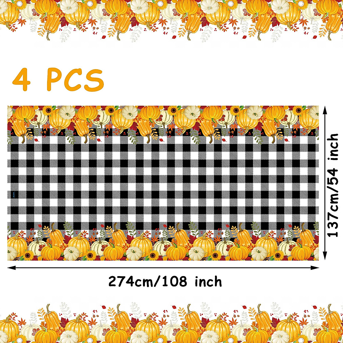 peony man 4 Pieces Fall Plaid Tablecloth Plastic Pumpkin Table Cover Black White Buffalo Checkered with Disposable for Dining Kitchen Thanksgiving Autumn Party, 54 x 108 Inch