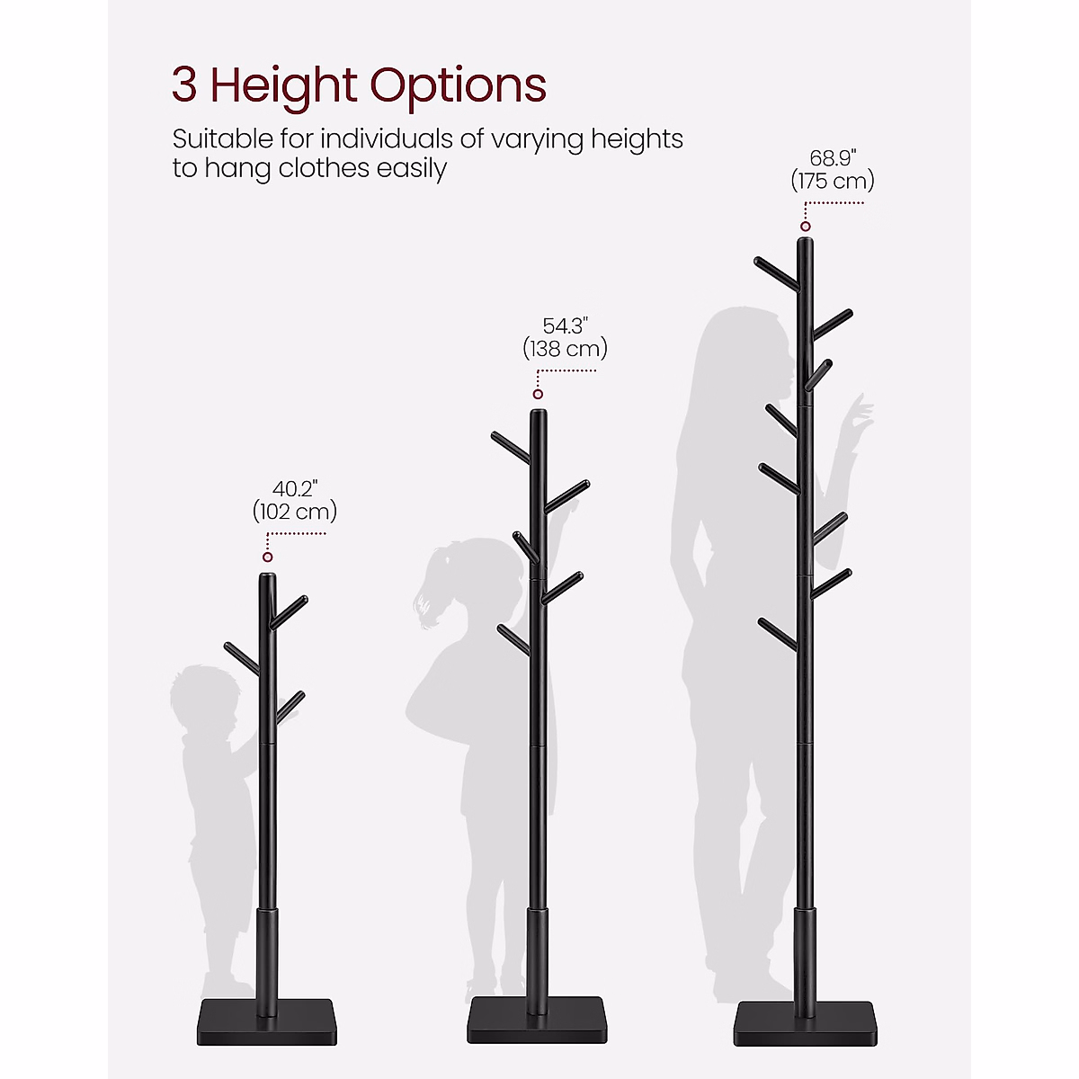 VASAGLE Solid Wood Coat Rack, Free Standing Hall Coat Tree with 8 Hooks, 3 Height Options, for Coats, Hats, Bags, Purses, for Entryway, Hallway, Rubberwood Hooks and Pole, Ink Black URCR010B01