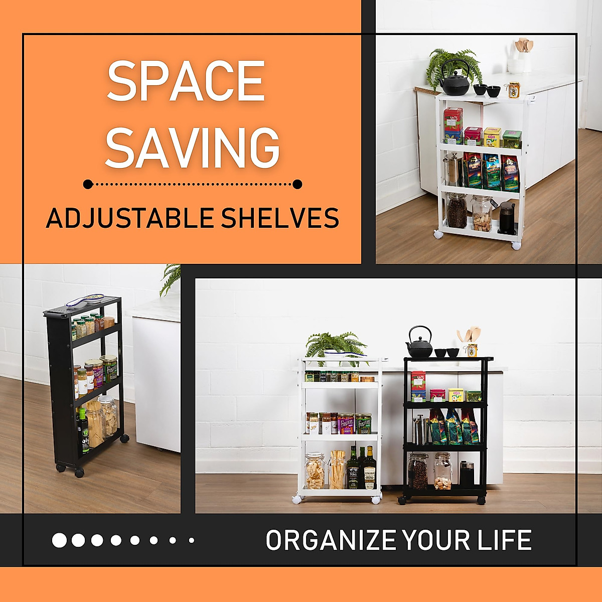 Slim Rolling Storage Cart with Wheels & Adjustable Shelving - Durable Metal Space-Saving 4 Tier Rolling Cart Ideal Kitchen - Narrow Bar Cart, Spice Rack, Utility Cart, Coffee Cart for Kitchen - WHITE