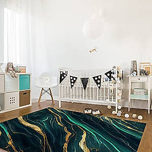 Marble Emerald Green Area Rug 2' x 3' - Modern Outdoor Living Room Bedroom Area+Rug Carpet, Modern Abstract Gold Art Kitchen Rug Bath Mat Front Porch Floor Doormat Runner Rugs