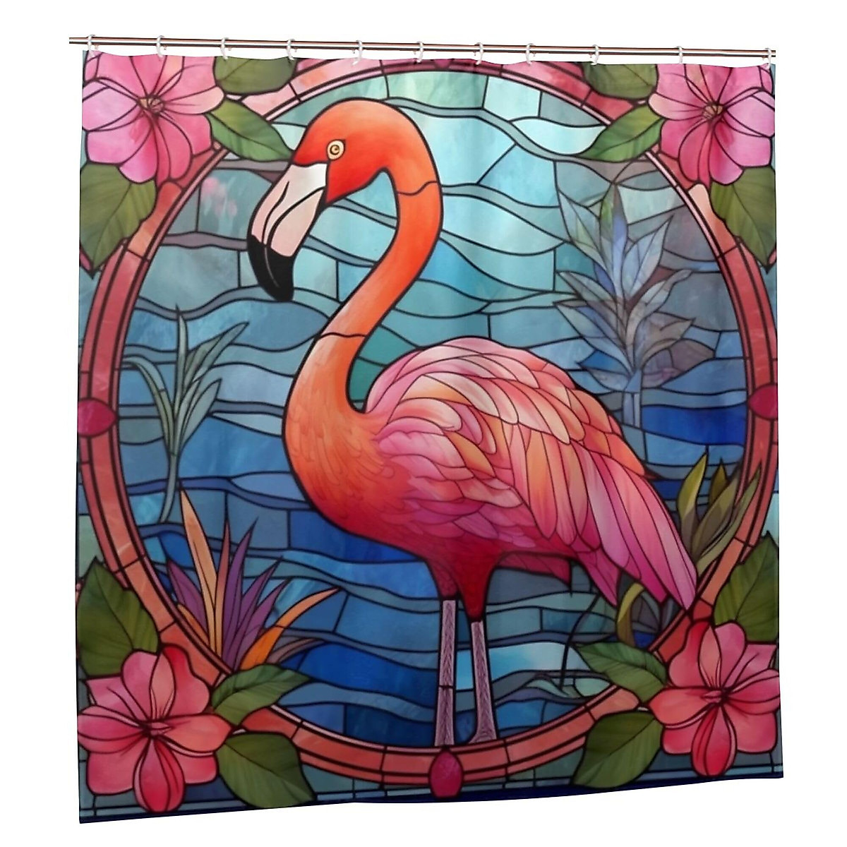 TIYAANDSY Flamingo Shower Curtain for Bathroom, Flower Leaves Glass Art Boho Shower Curtain Set, Cute Animals Abstract Fabric Modern Waterproof Bathroom Decor with 12 Hooks 72x72in YLATY4139