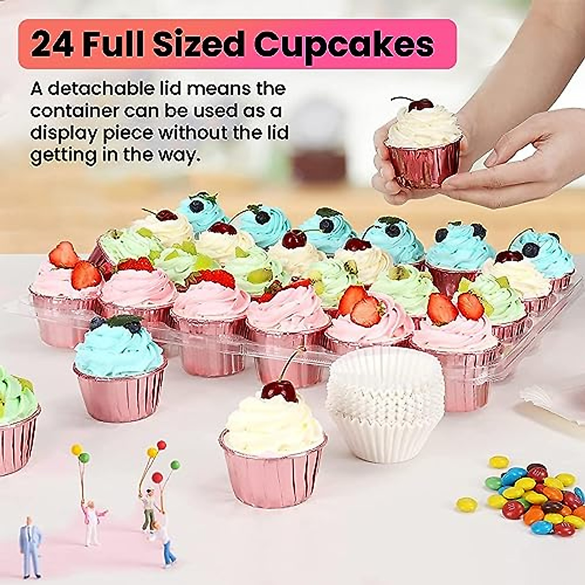 Bake Swirl (24 Counts x 6 Sets Standard Cupcake Containers with 144 Liners Clear Plastic Cupcake Boxes Carrier Holders Detachable Tall High Dome Lid Disposable BPA Wedding Party Baby Shower Birthday