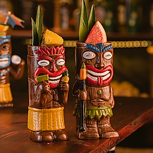 SUN GKOTTA Cocktail Tiki Mugs Set Of 4 - Exotic Mug With 4 Coasters And 4 Straws，Cute Ceramic Hawaiian Style Cocktail Glasses For Party And Tropical Tiki Bar，Mai Tai Cocktail Drinkware (Glossy)
