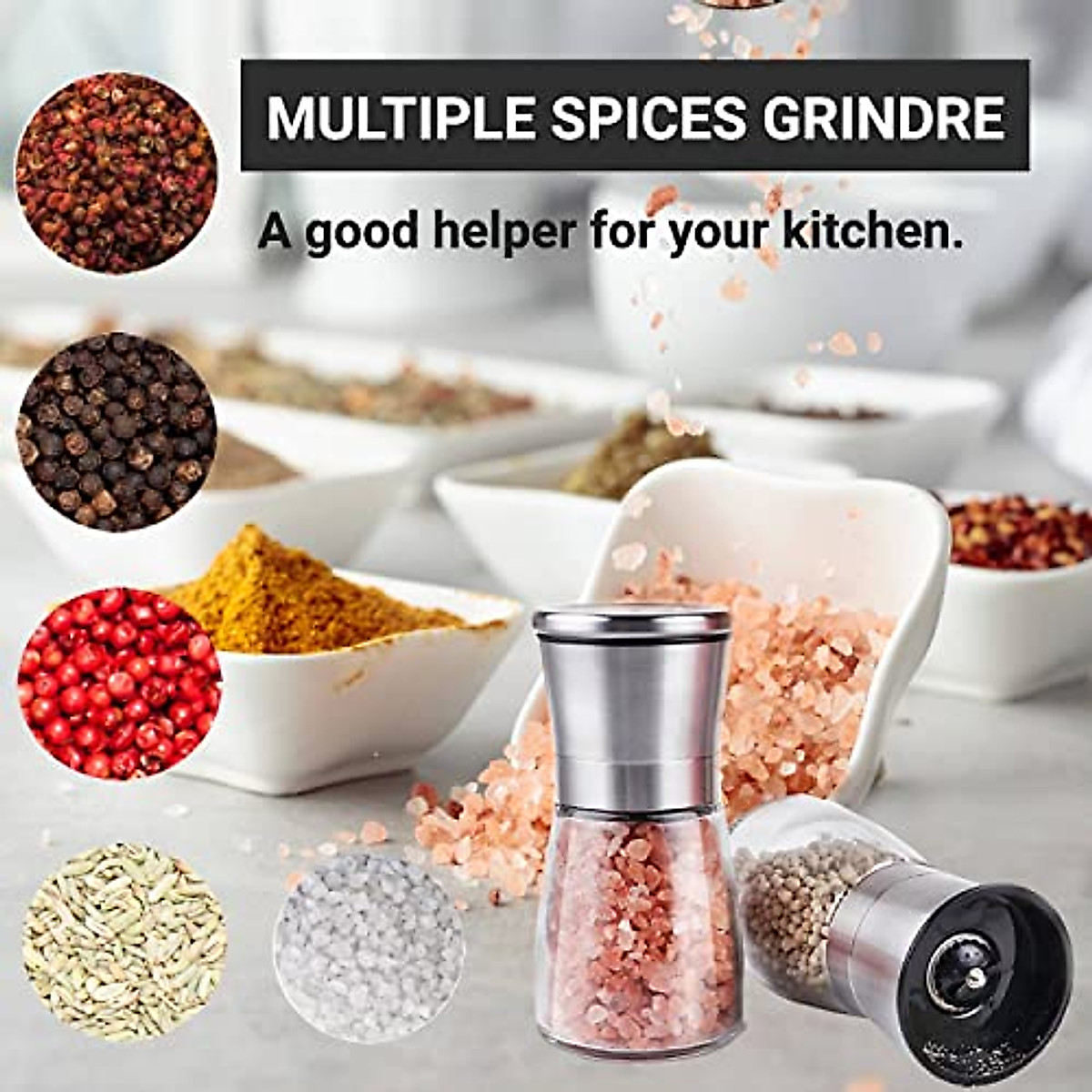 Salt and Pepper Grinder Set, Trofoty Stainless Steel Sea Salt & Pepper Grinder Refillable Set, Manual Adjustable Ceramic Salt and Pepper Grinders, Clear Glass Metal Pepper Mill Set - 2 Pack