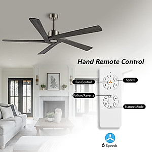 WINGBO 64 Inch DC Ceiling Fan without Lights, 5 Reversible Carved Solid Wood Blades, 6-Speed Noiseless DC Motor, Ceiling Fan No Light with Remote, Brushed Nickel Finish with Gray Blades, ETL Listed