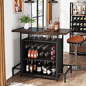 LITTLE TREE Home Bar Unit Cabinet with Footrest, Industrial 3-Tier Liquor Bar Table with Stemware Rack and Wine Storage