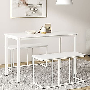 DlandHome 47'' Dining Table Set for 4, Kitchen Table Set Dining Table and 2 Benches, Kitchen Table and Benches, 3 Pieces Breakfast Table Set Dining Table with Bench Dining Room Bench Set, White