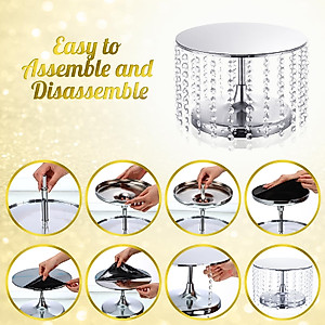 Set of 6 Metal Cake Stands with Crystal Pendant Round Dessert Display Plate Cupcake Holder Pedestal for Wedding Party Birthday Baby Shower Anniversary Celebration Home Decor (Silver)