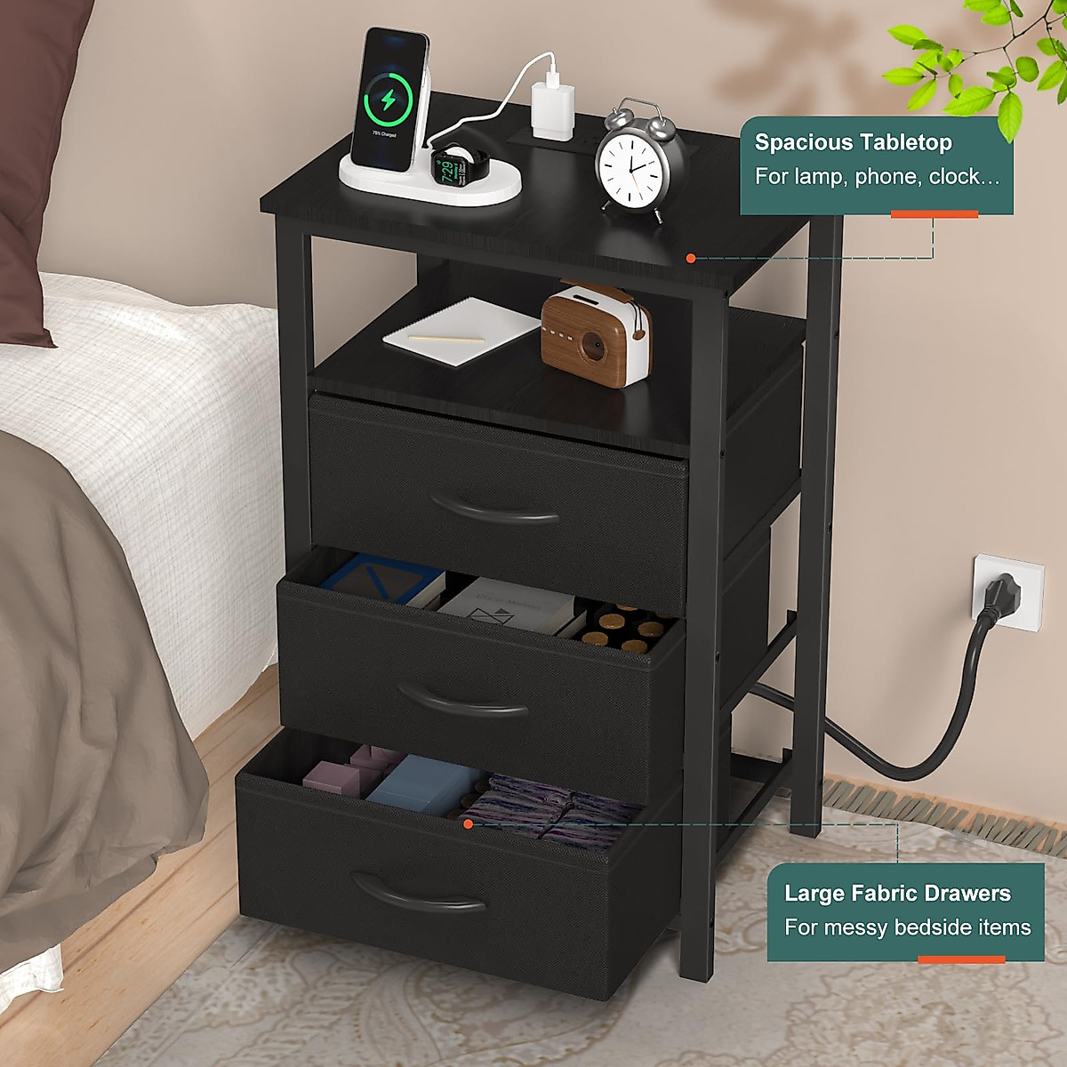 Kinembold Nightstand with Charging Station, Bedside Table LED Night Stand with USB Ports and Outlets, End Table with 3 Fabric Drawers and Storage Shelf, Night Stands for Bedroom (Black)