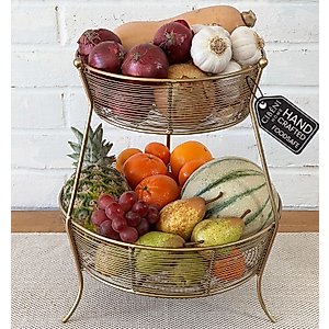 CIBENI Gold Fruit Basket Stand - 13" x 15"H Handcrafted 2 Tier Fruit Basket for Kitchen Counter Fruit Holder for Kitchen Countertop - Gold