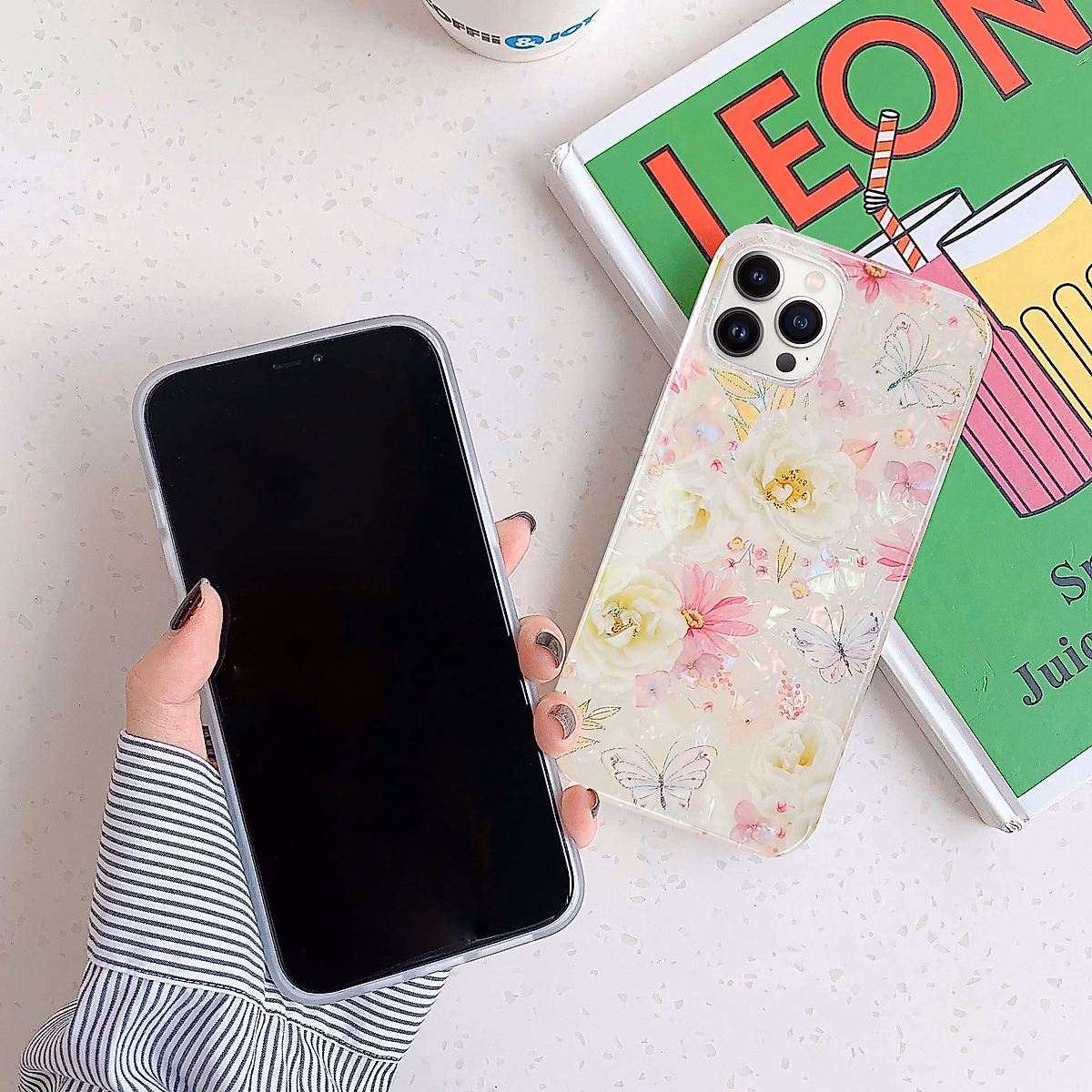 J.west iPhone 13 Pro Max Case 6.7 inch,Luxury Sparkle Glitter Soft Clear Colorful Opal Pearly Thinfoil Design Shiny Floral Print Silicone Cover for Women Girls Slim TPU Protective Phone Case