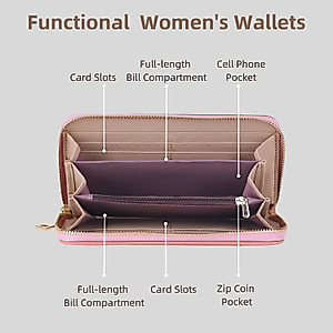 OYATON Wallet for Women - Large Faux Leather Women's Zipper Wristlet Wallet with Detachable Strap - Long Clutch Wallet with Cell Phone Pocket (Pink Red)